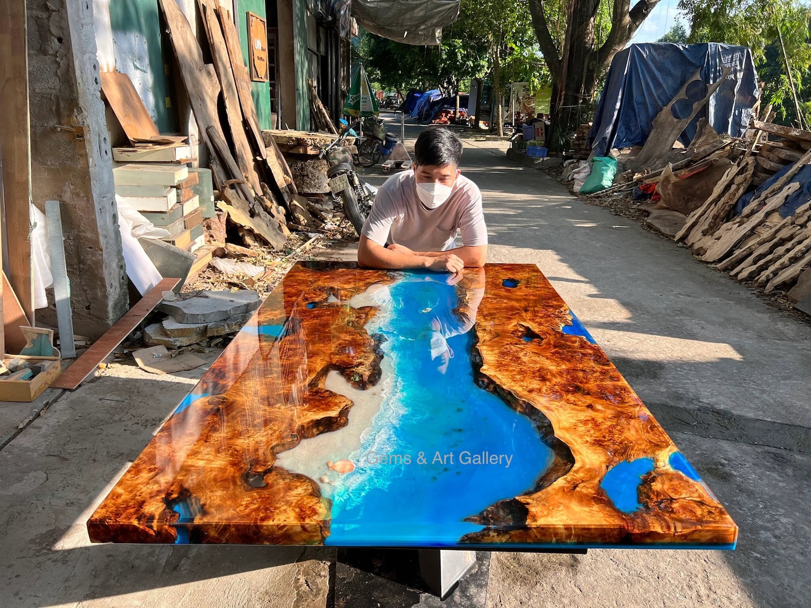Ocean Blue Epoxy Table Top With Acacia Wood Dining Table Top Live Edge ...
