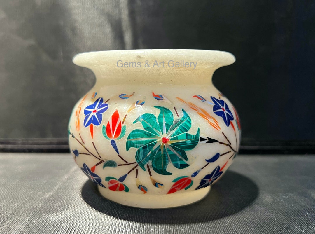 Marble Pot (matki) Studded With Real Gemstone | Inlay Artwork With ...
