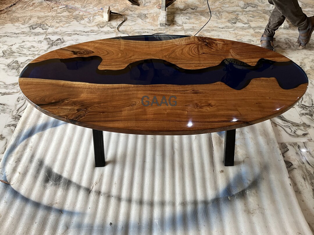 Dark Blue Oval Epoxy Table Top With Acacia Wood | Dining Table Top ...