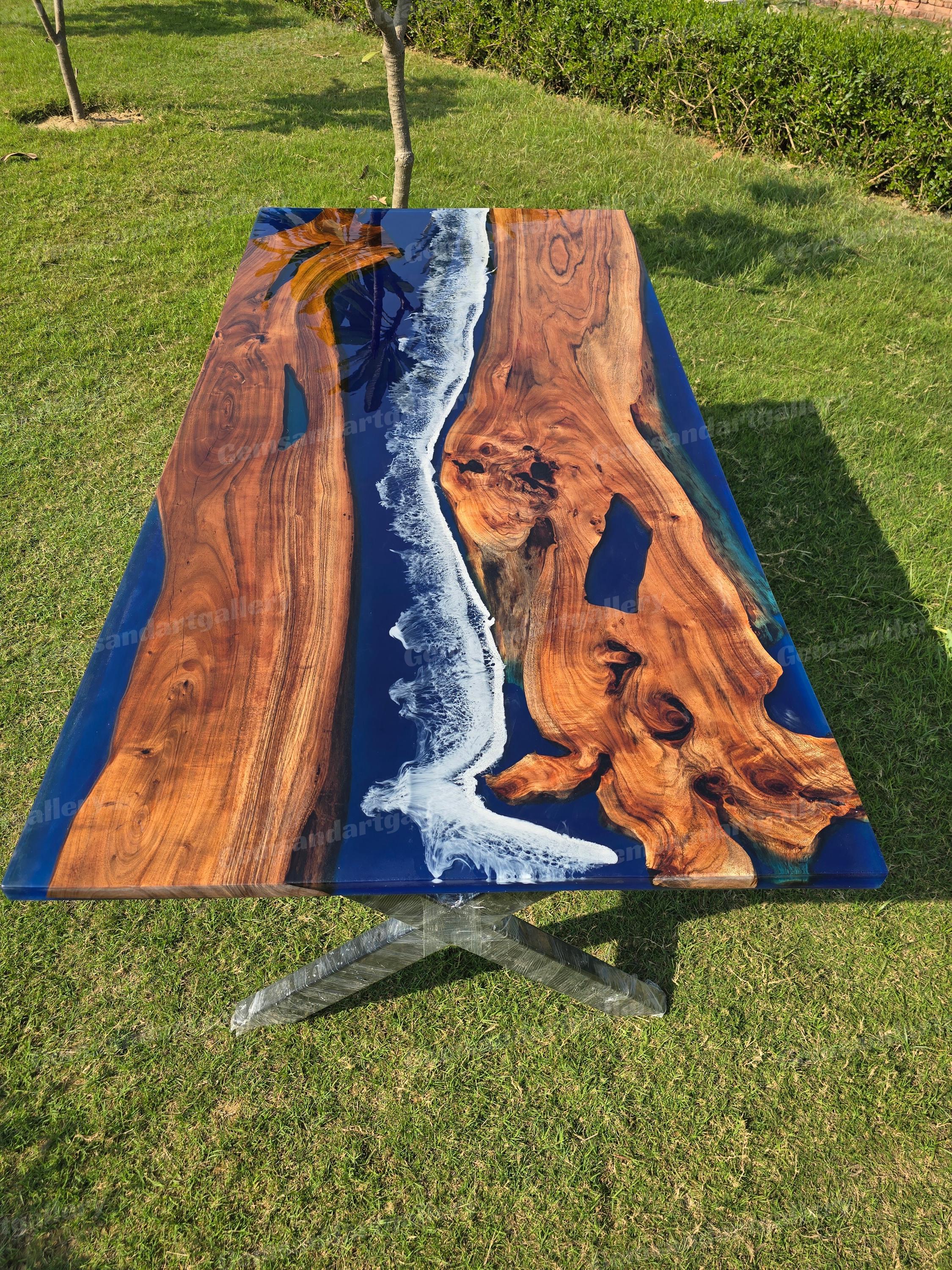 Acacia Wood Blue Epoxy Resin Table With Legs | Dining Table | Bartop ...