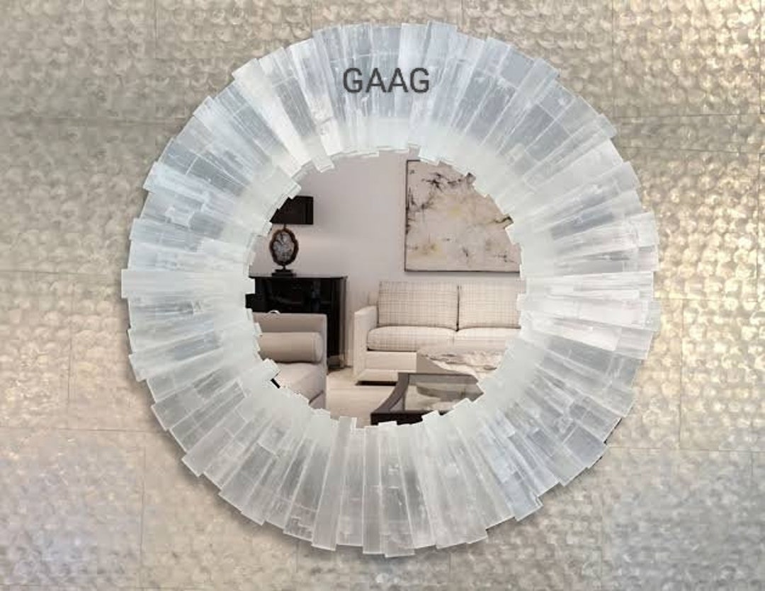 Handmade Large Round Selenite Mirror – Spiked Wall Art, White Gemstone ...