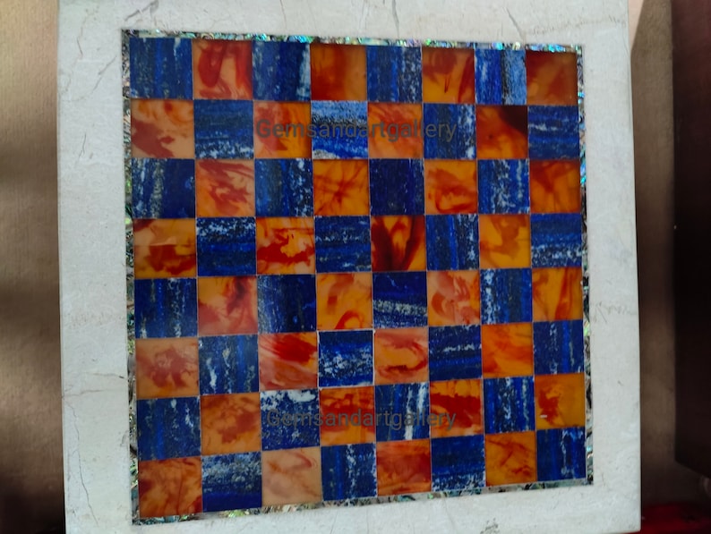 Handmade Square Marble Chess Board Studded With Lapis & Cornelian Stone ...