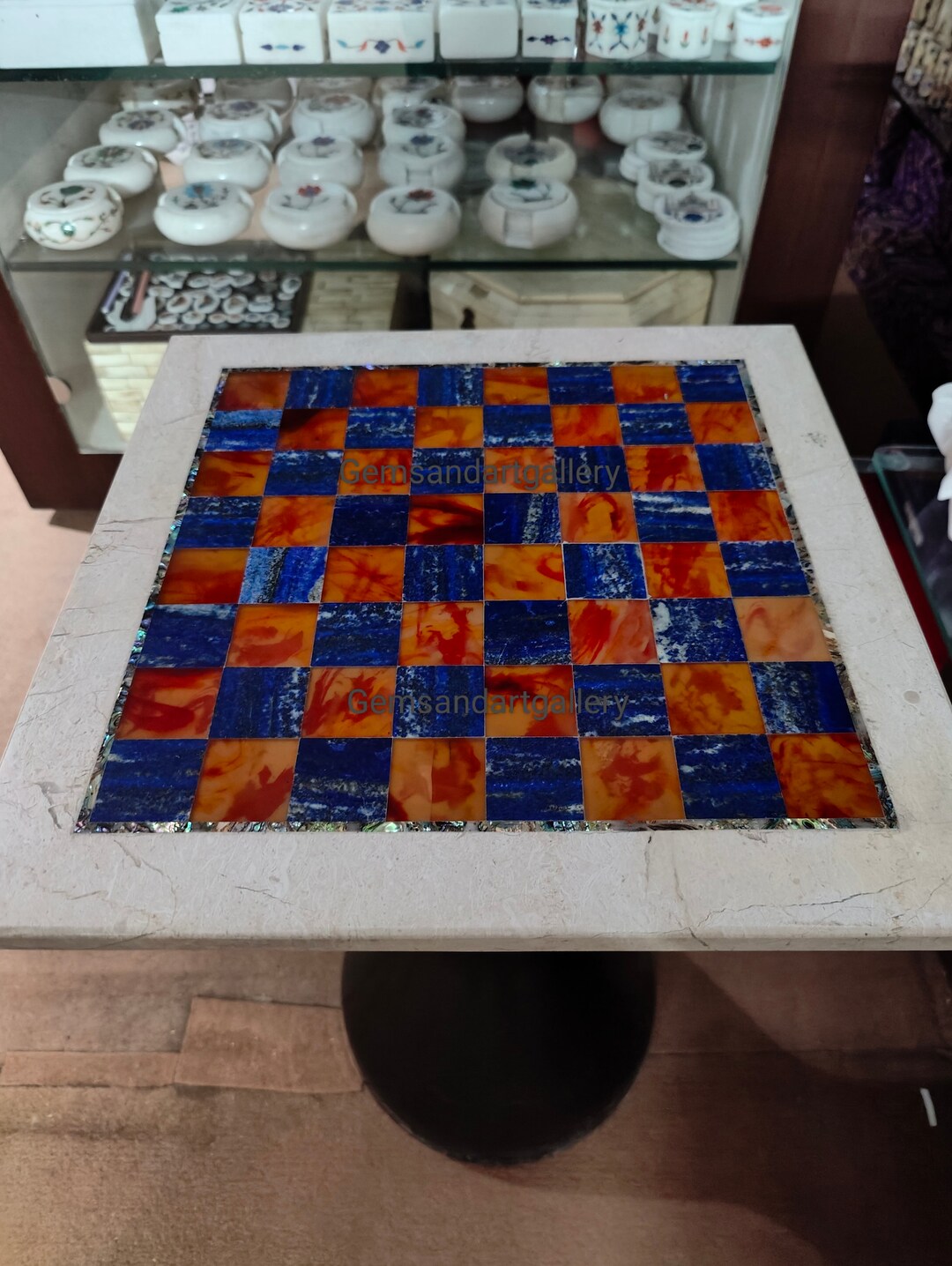 Handmade Square Marble Chess Board Studded With Lapis & Cornelian Stone ...