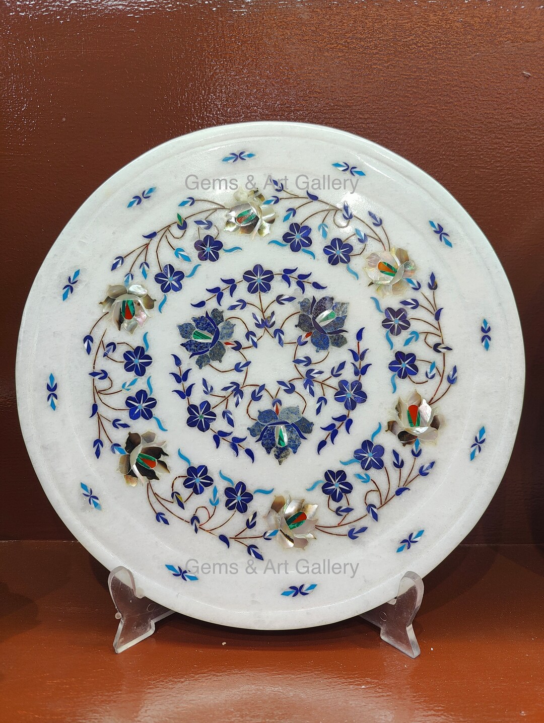 Round Makrana Marble Plate Studded With Real Gemstone | Inlay Work With ...