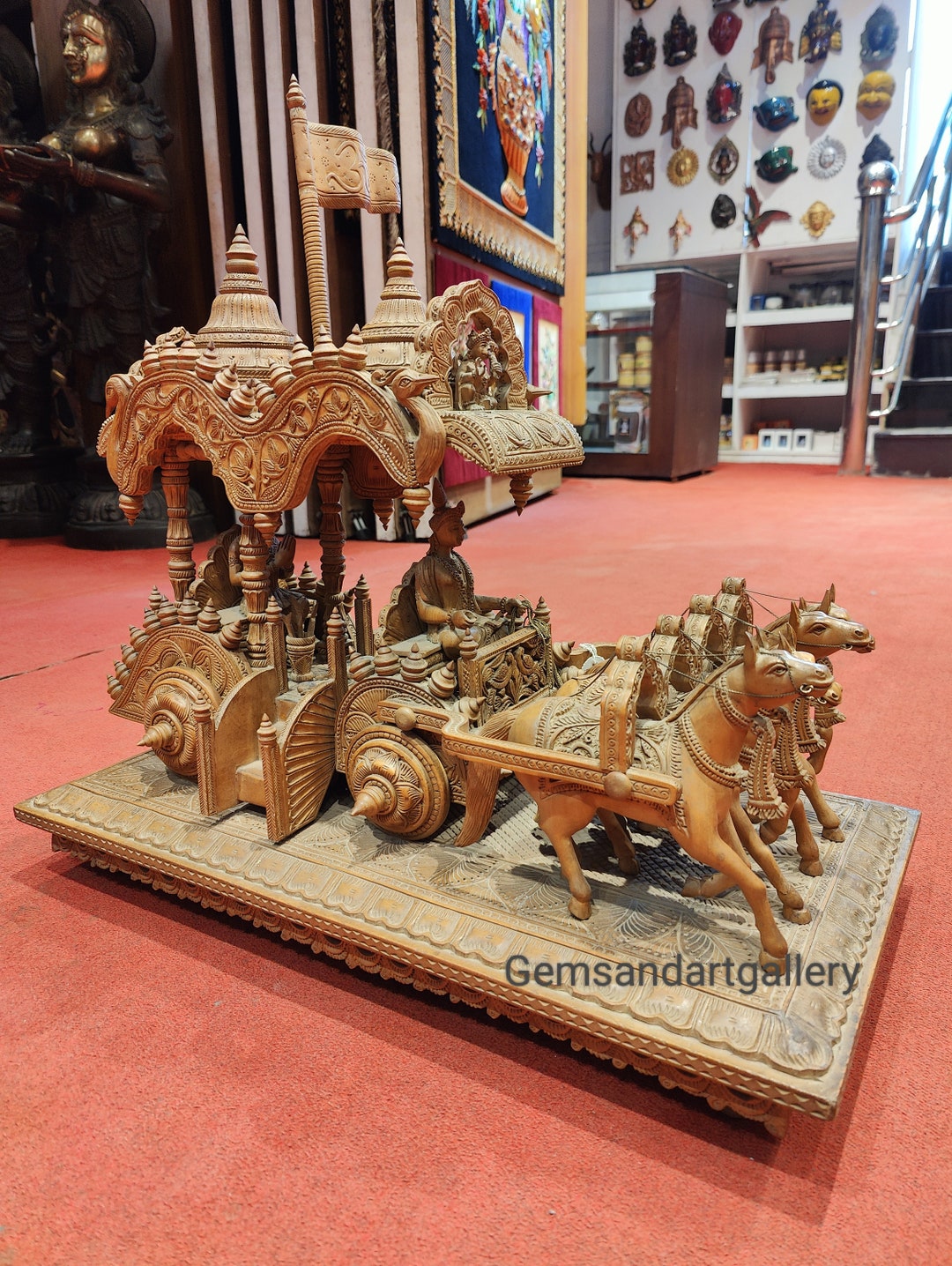 Mahabharat Chariot Made of Plain Teak Wood (depicts an Iconic Scene ...
