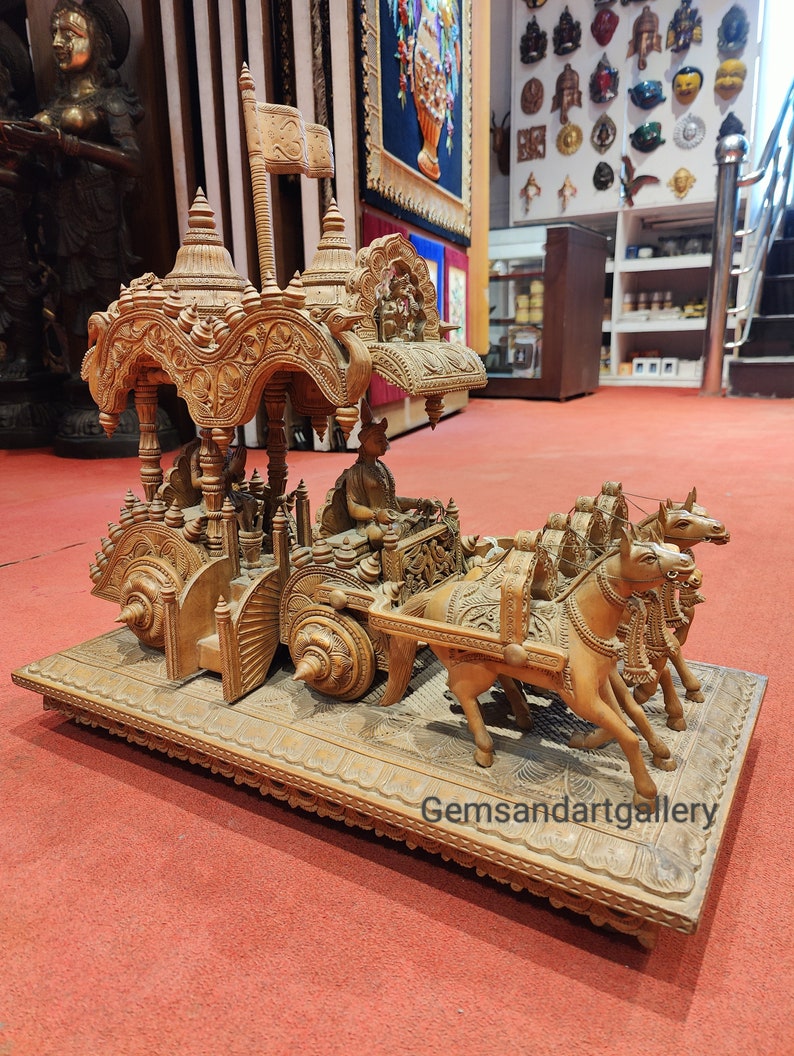 Mahabharat Chariot Made of Plain Teak Wood (depicts an Iconic Scene ...