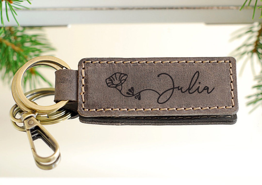 Birth Flower Keychain, Custom Name Leather Keychain, Birth Month Flower ...