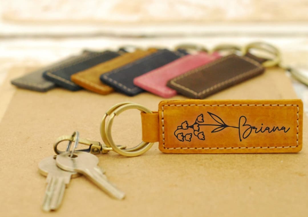 Custom Name Birth Flower Keychain, Dainty Keyring, Leather Keychain ...