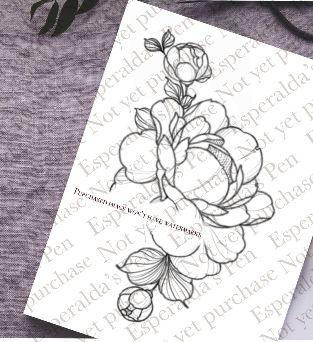 Peony Tattoo Design Fine Line Peony Tattoo Stencil Instant Download - Etsy
