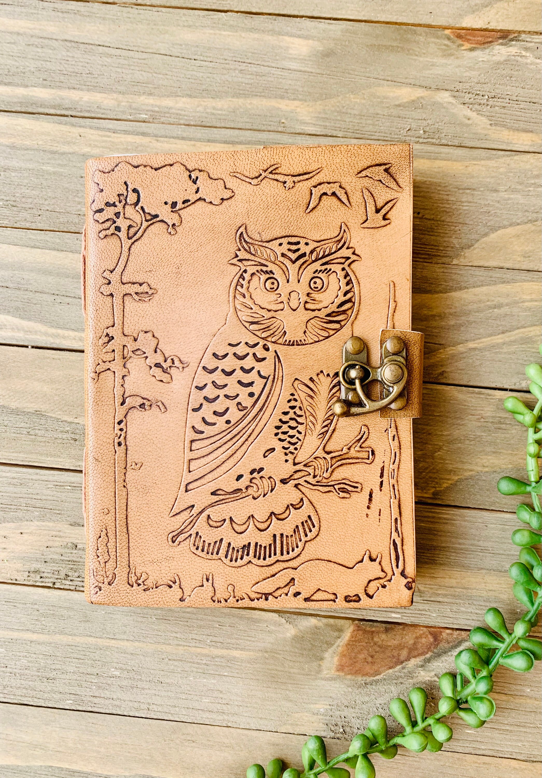 Owl Leather Journal With Latch 5x7 Owl in the Jungle Journal | Etsy