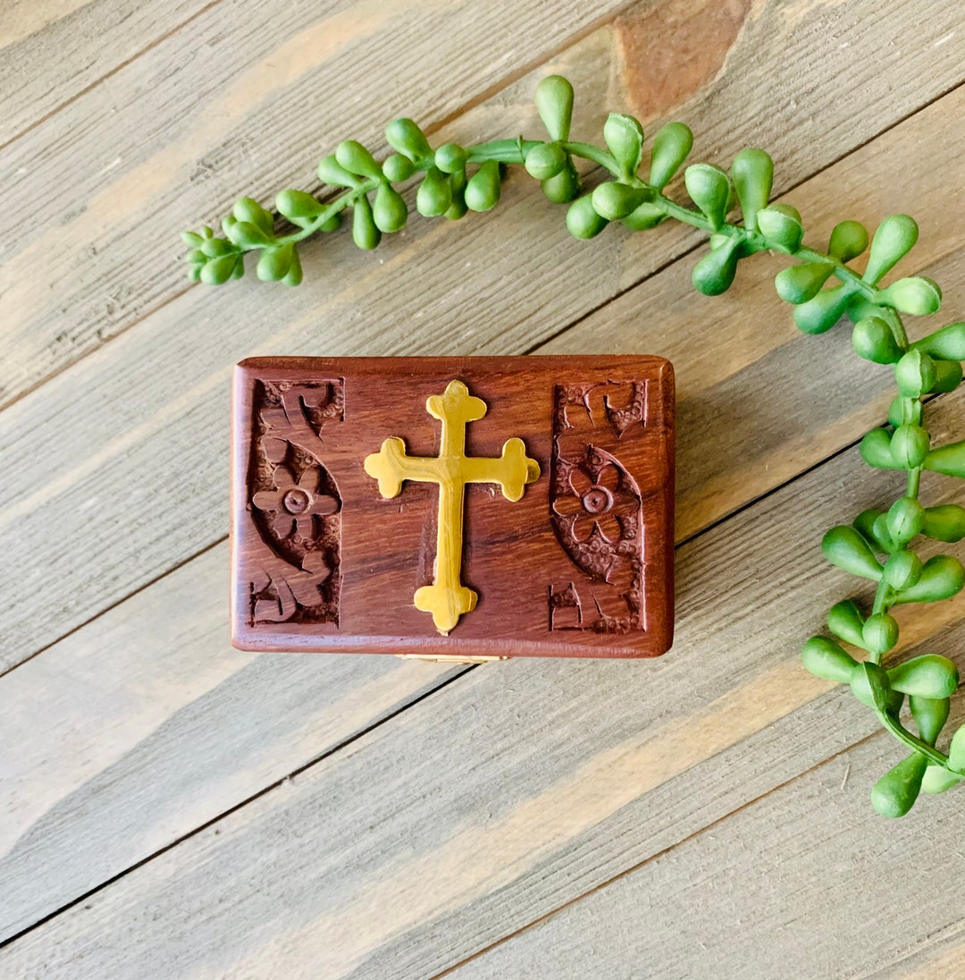 Small Wooden Cross Box 3”x2”, Brass Inlay Cross, Earring Box, Ring Box ...