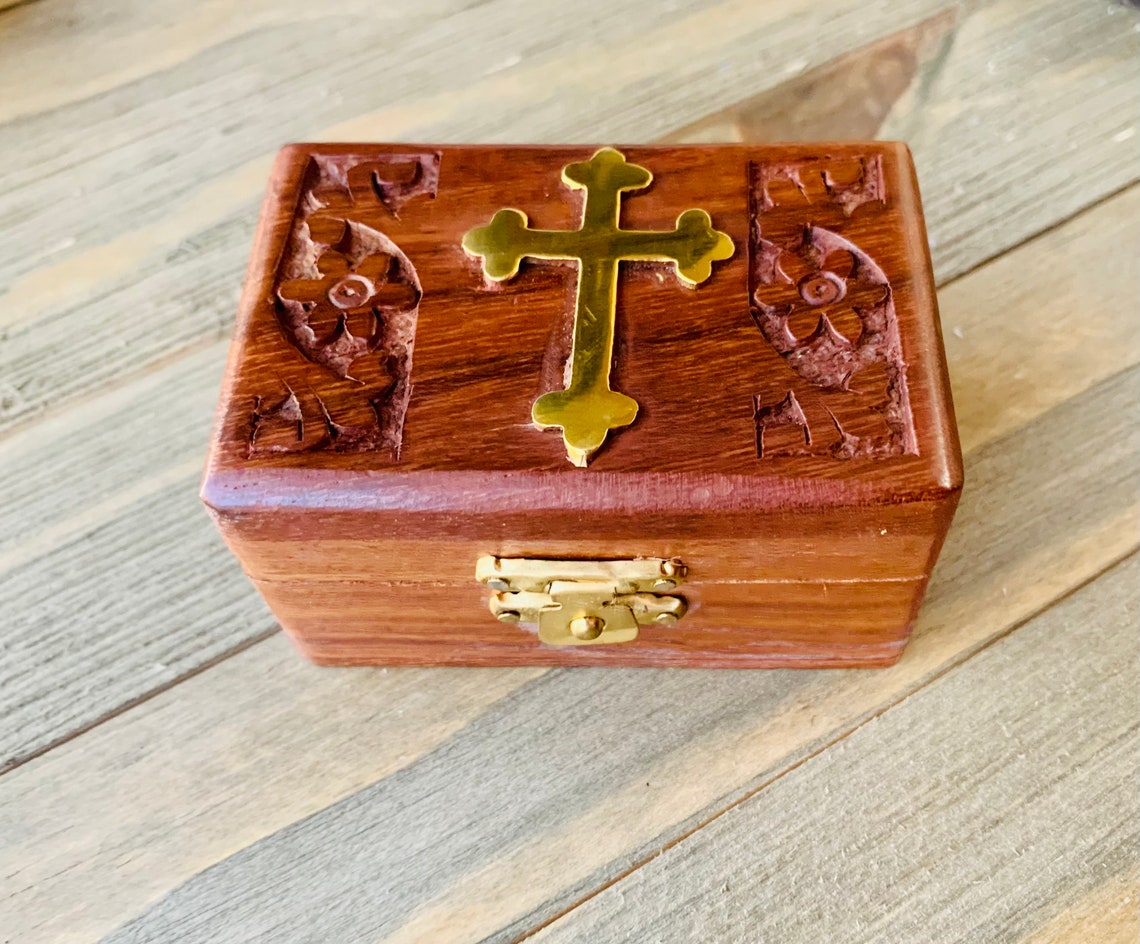 Small Wooden Cross Box 3”x2”, Brass Inlay Cross, Earring Box, Ring Box ...