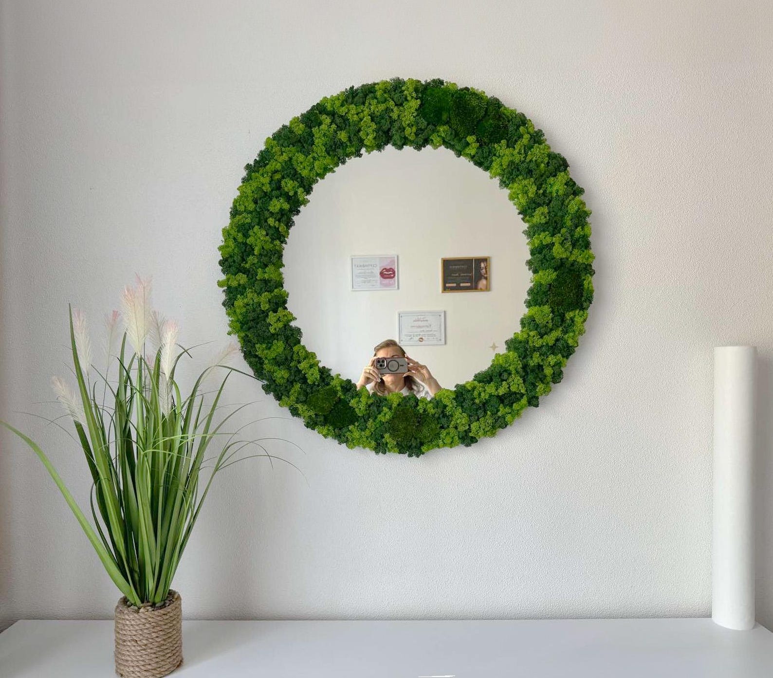 Round Moss Wall Mirror Framed Circle Mirror With Moss Led Round Moss ...