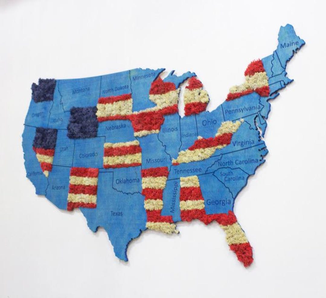 USA Moss Wall Map Large US Moss Wall Map Moss Wall Art Blue Wood USA ...
