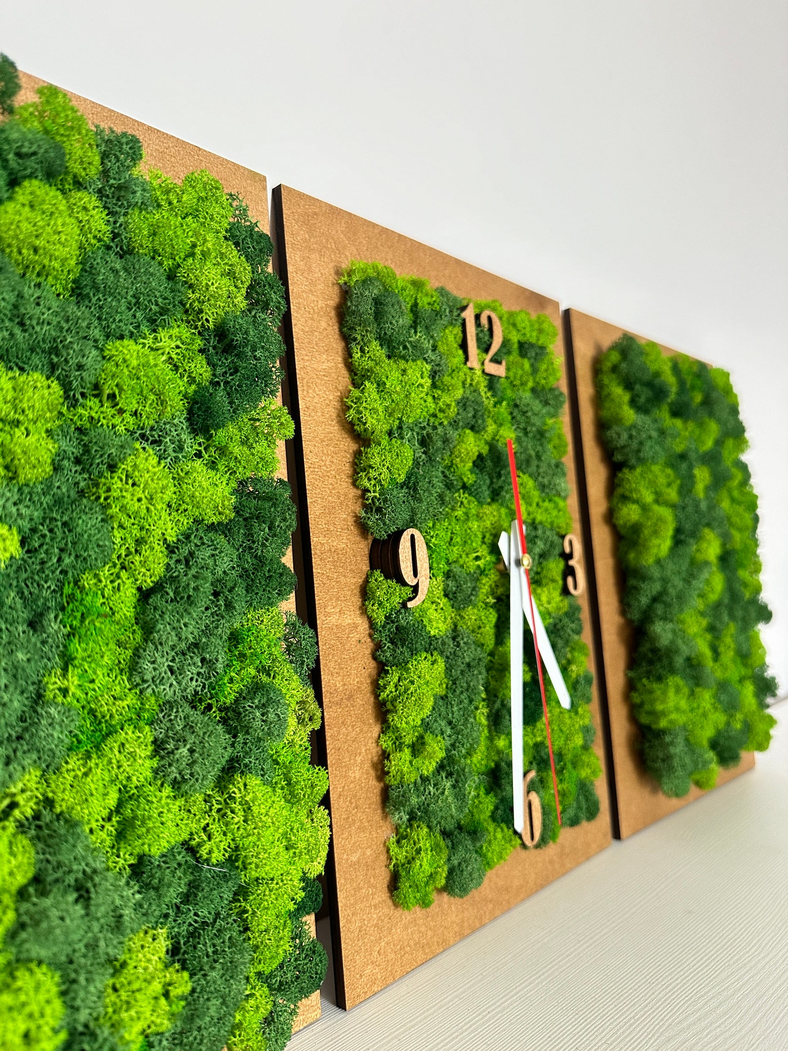 Moss Wall Art Set of Plywood Clock and Preserved Moss Panels Green Moss ...