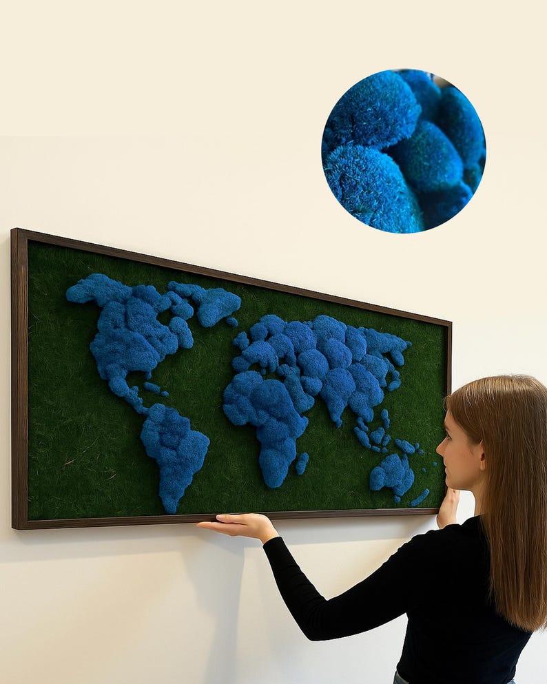 Illuminated Moss World Map | Natural Wall Art in Wooden Frame | Eco ...