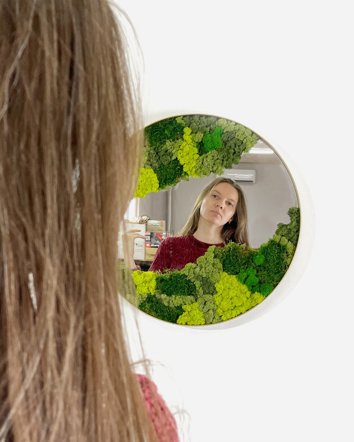 Moss Wall Art Mirror, Metal Frame Bathroom Circle Mirror, Botanical ...