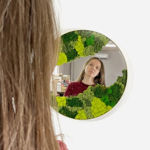 Moss Wall Art Mirror, Metal Frame Bathroom Circle Mirror, Botanical ...