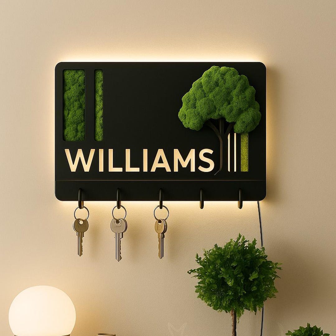 Personalized Metal Wall Key Holder With Moss and LED | Minimalist ...