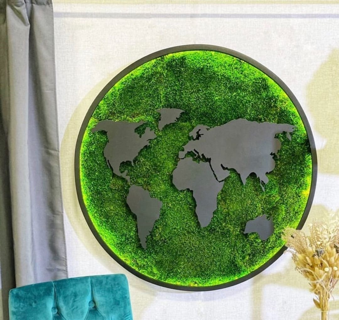 LED Wall Moss World Map Extra Large Moss Wall Art Room Decor Green Moss ...
