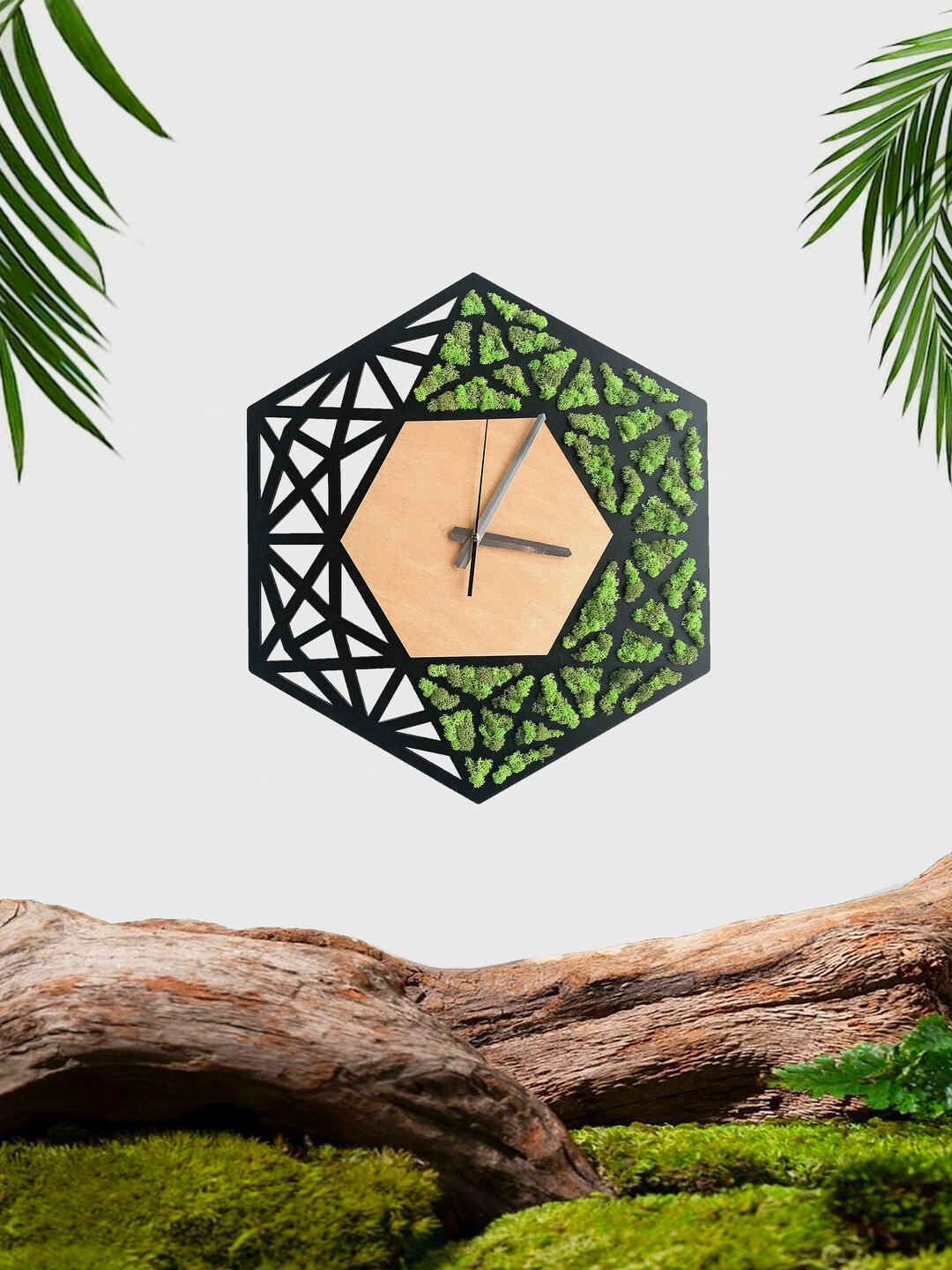 Unique Moss Wall Clock With Live Moss Hexagon Moss Wall Art Oversized ...