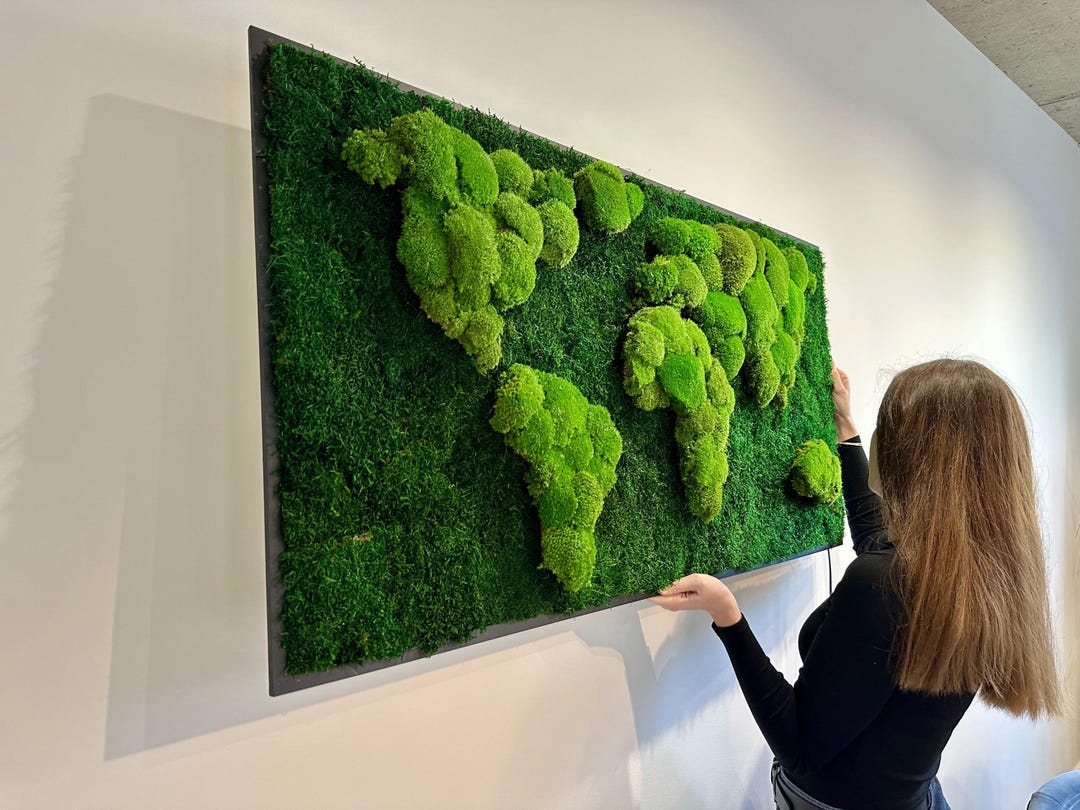 3D Moss World Map, Large Green Wall Art, Living Moss Map With Backlight ...