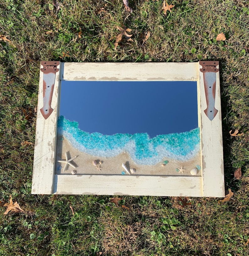 Sea Glass Beach Scene on a Mirror - Sea Glass Art - Beach Decor - Beach ...