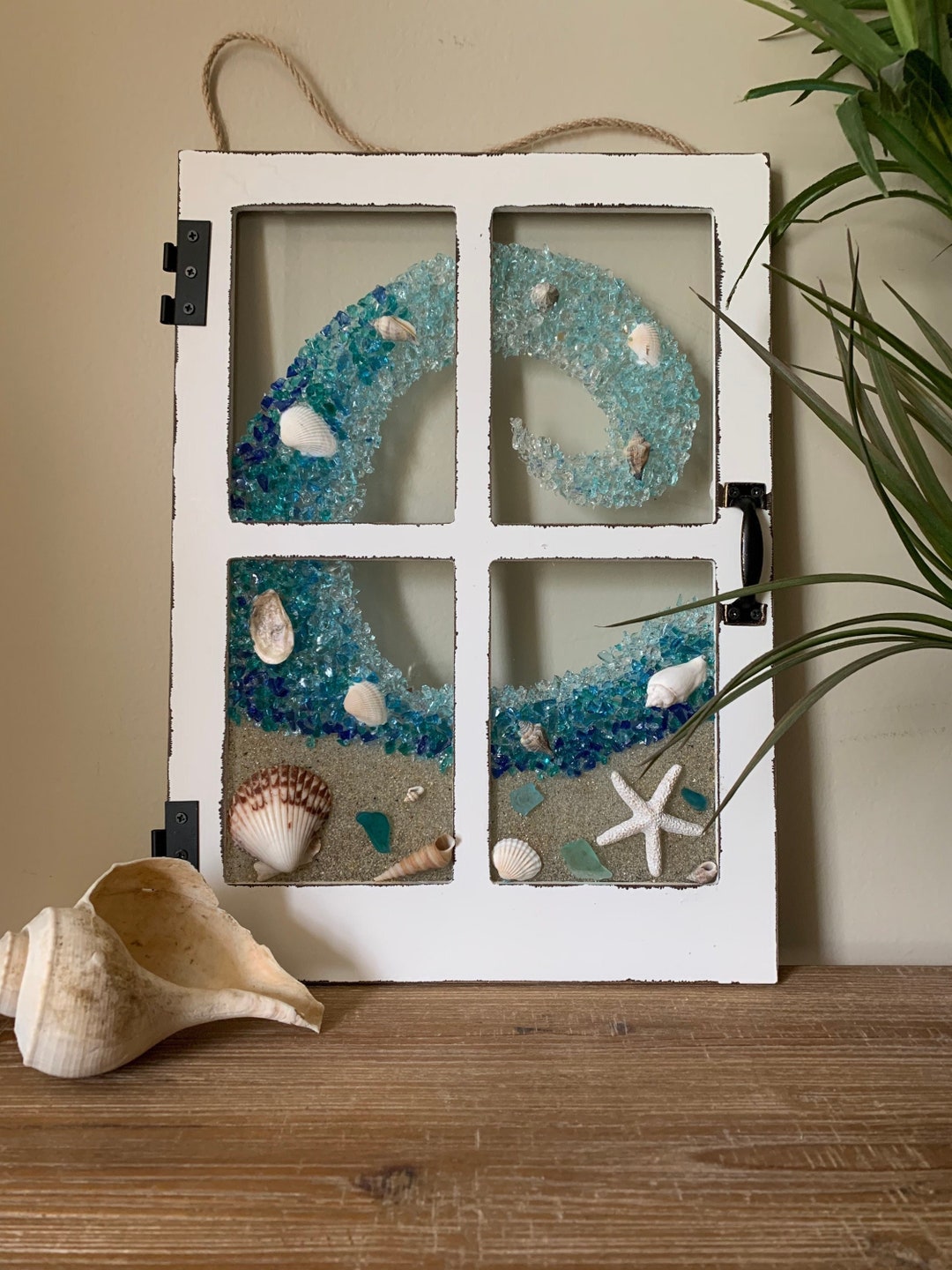 Beach Wave Window Frame Wall Decor - Sea Glass Art - Window Frame Art ...