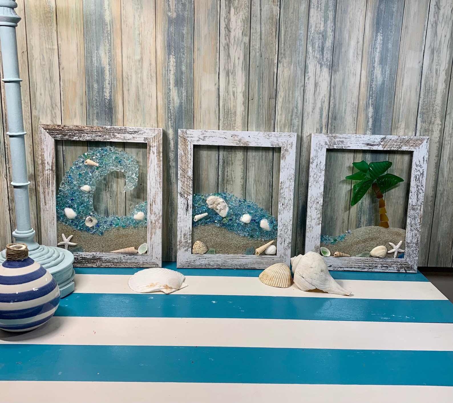 Sea Glass Framed Art Blue Ocean Wave Set Of Three Etsy