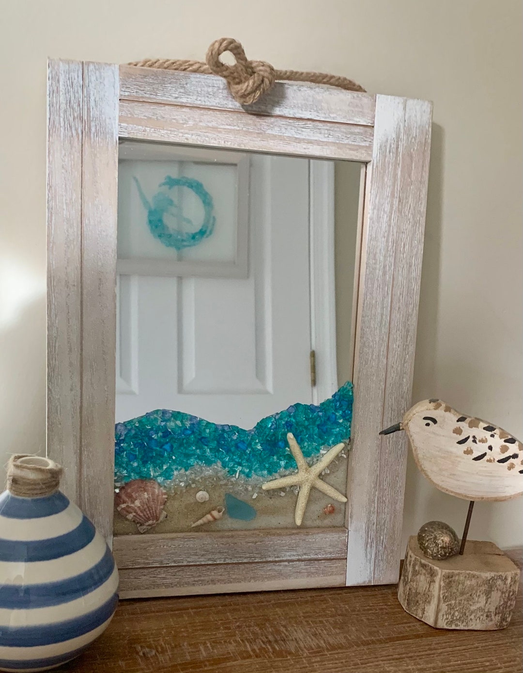 Sea Glass Beach Scene on a Mirror - Sea Glass Art - Beach Decor - Beach ...