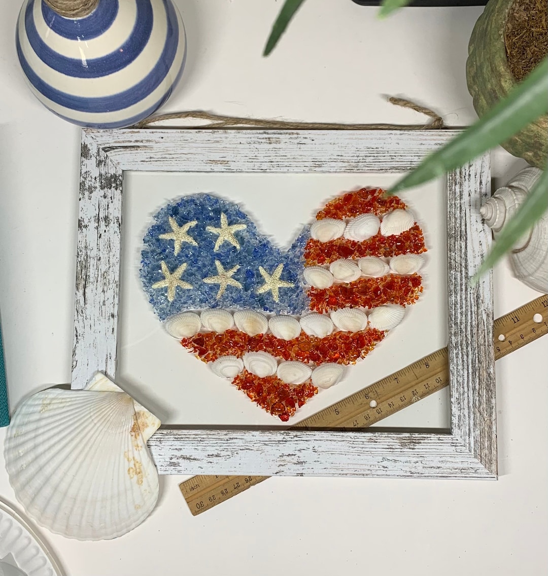 Heart American Flag Seashell Art - Flag Home Decor - Patriotic Gift ...