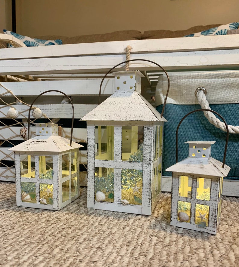 Coastal Lanterns Set of 3 Lanterns Beach Scene Seashells | Etsy