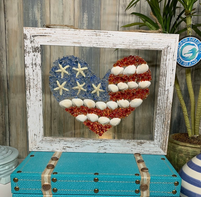 Heart American Flag Seashell Art - Flag Home Decor - Patriotic Gift ...