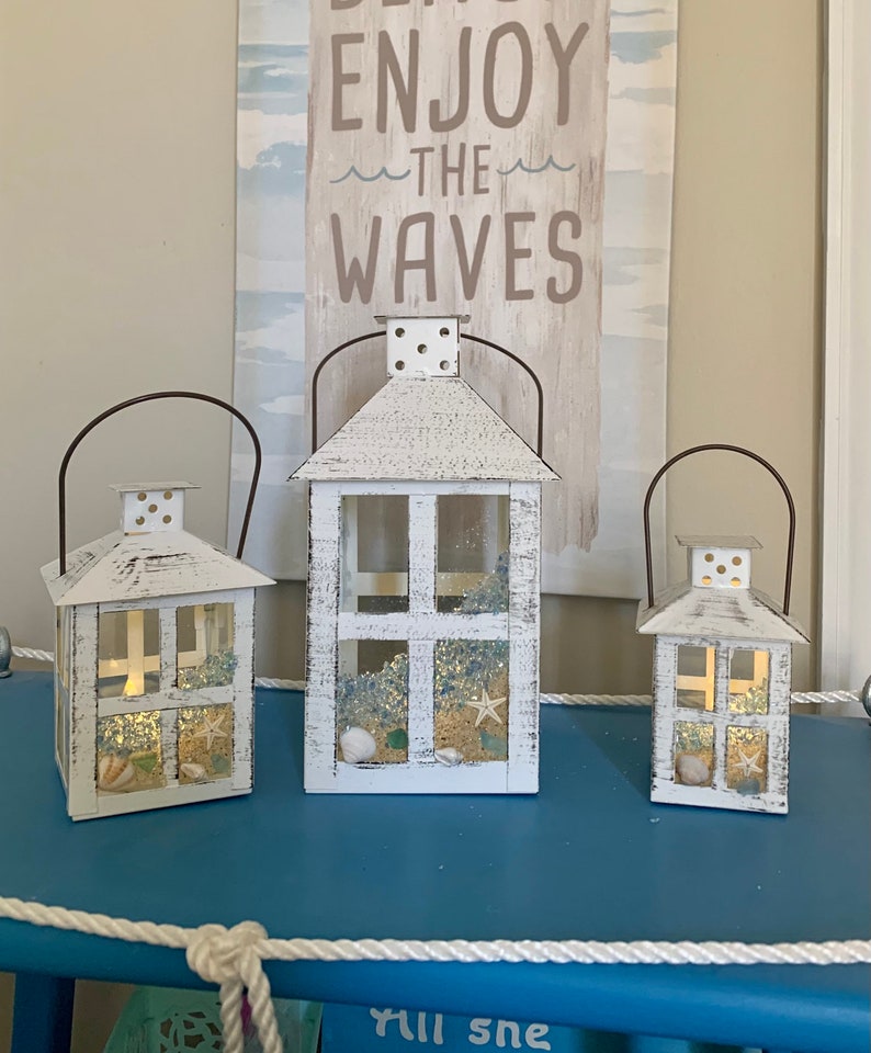 Coastal Lanterns Set of 3 Lanterns Beach Scene Seashells | Etsy