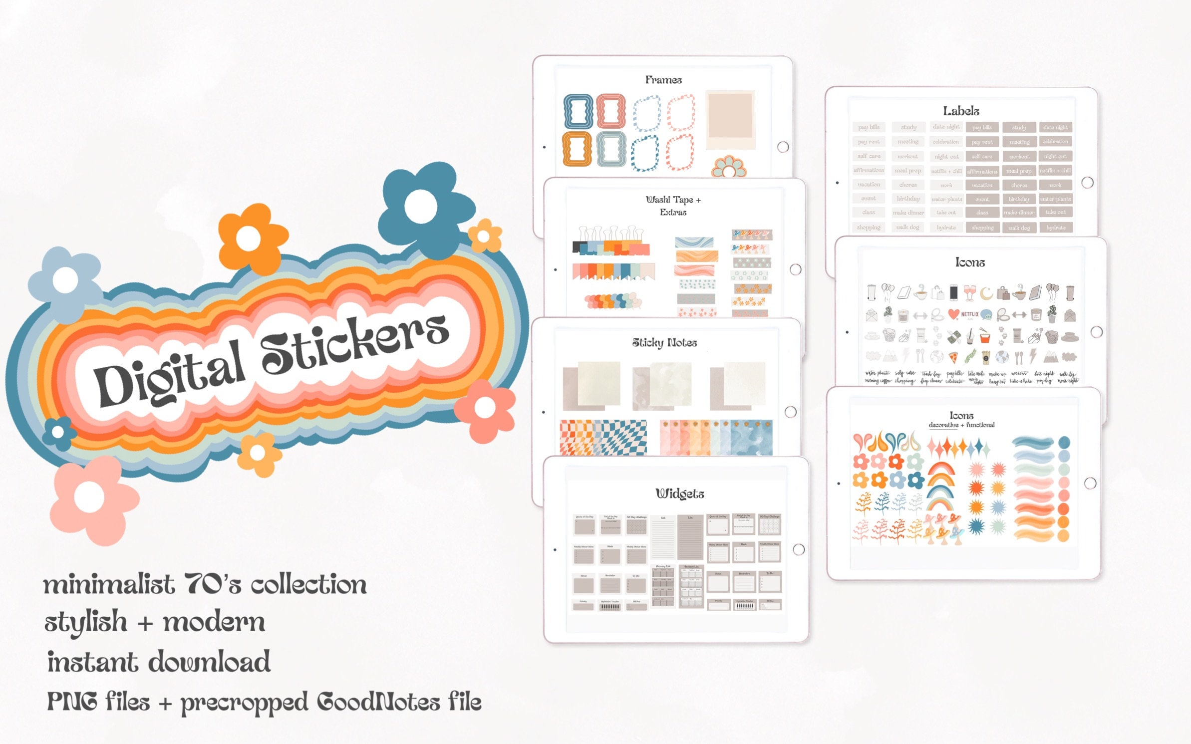 Minimalist 70’s Digital Stickers | Digital Stickers Pack | Digital ...