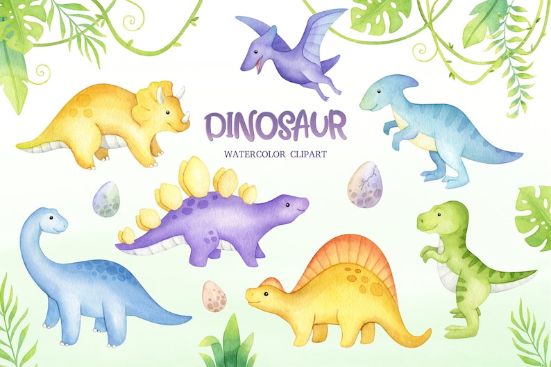 Watercolor Dinosaur Clipart Cute Dino Nursery Wall Art - Etsy