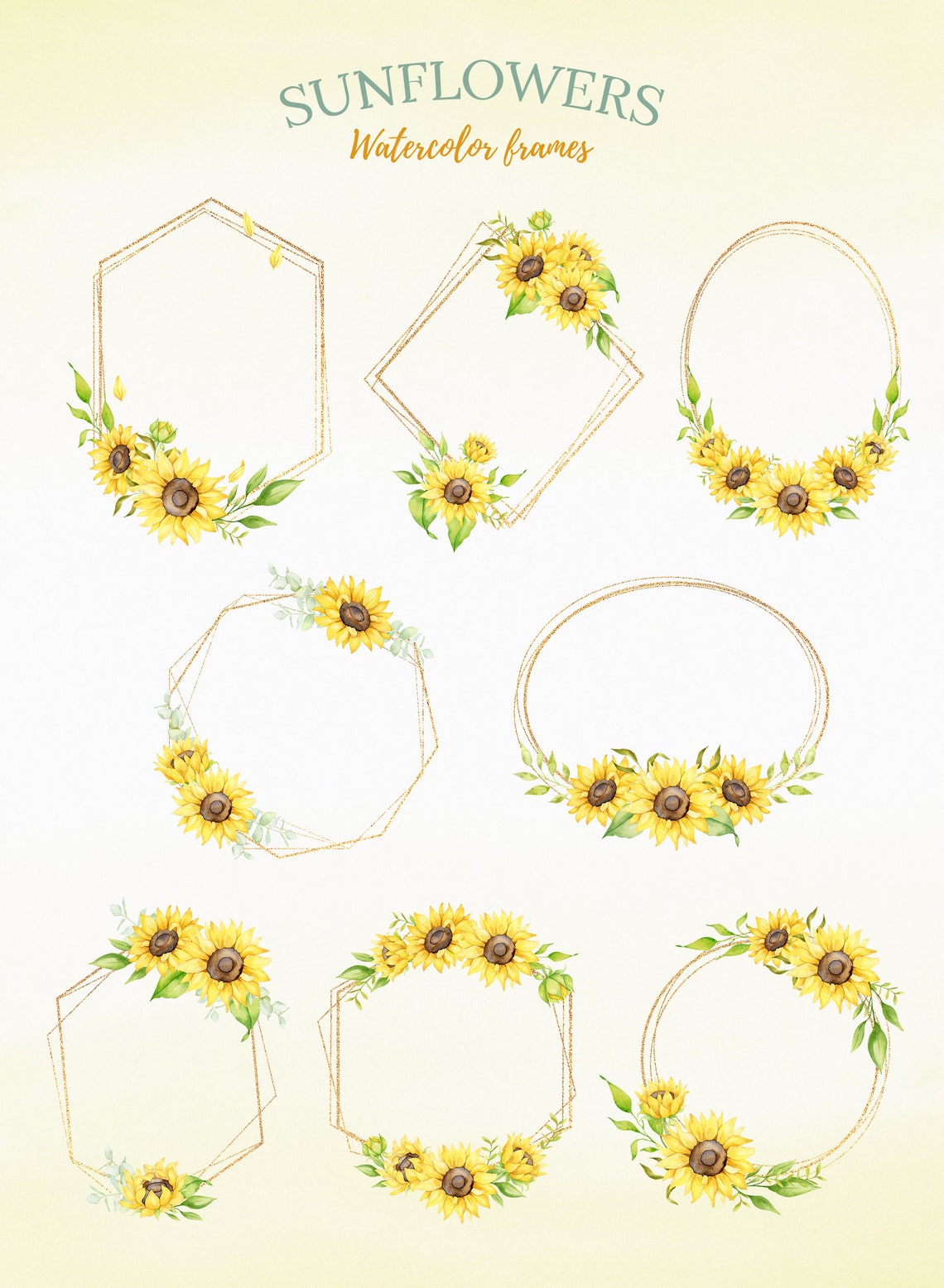 Sunflower Wreath Clipart Gold Geometric Floral Frames Summer - Etsy
