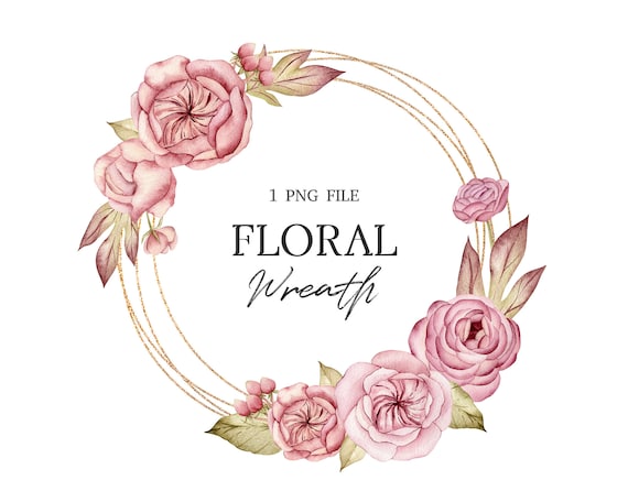Clip Art & Image Files Papercraft Watercolor floral wreath Pink flowers ...