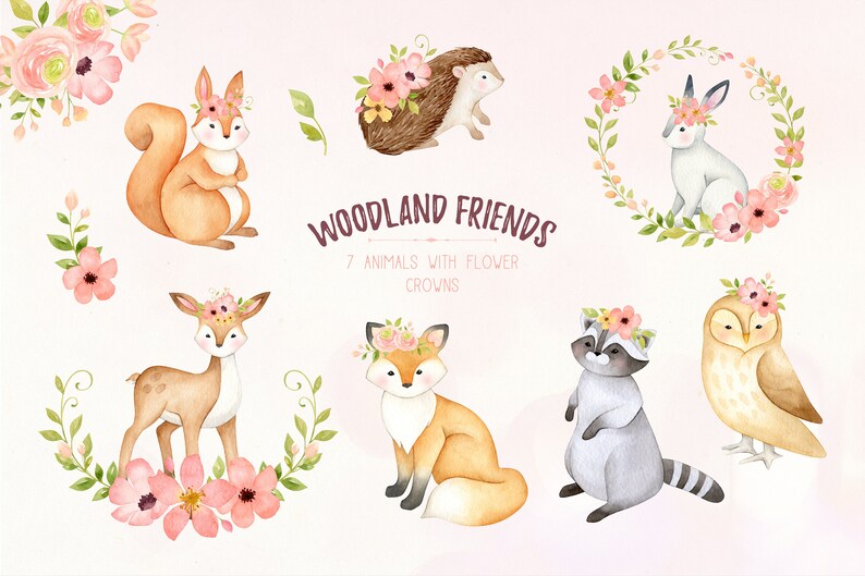 Woodland Animals Clipart Watercolor Nursery Print Cute - Etsy