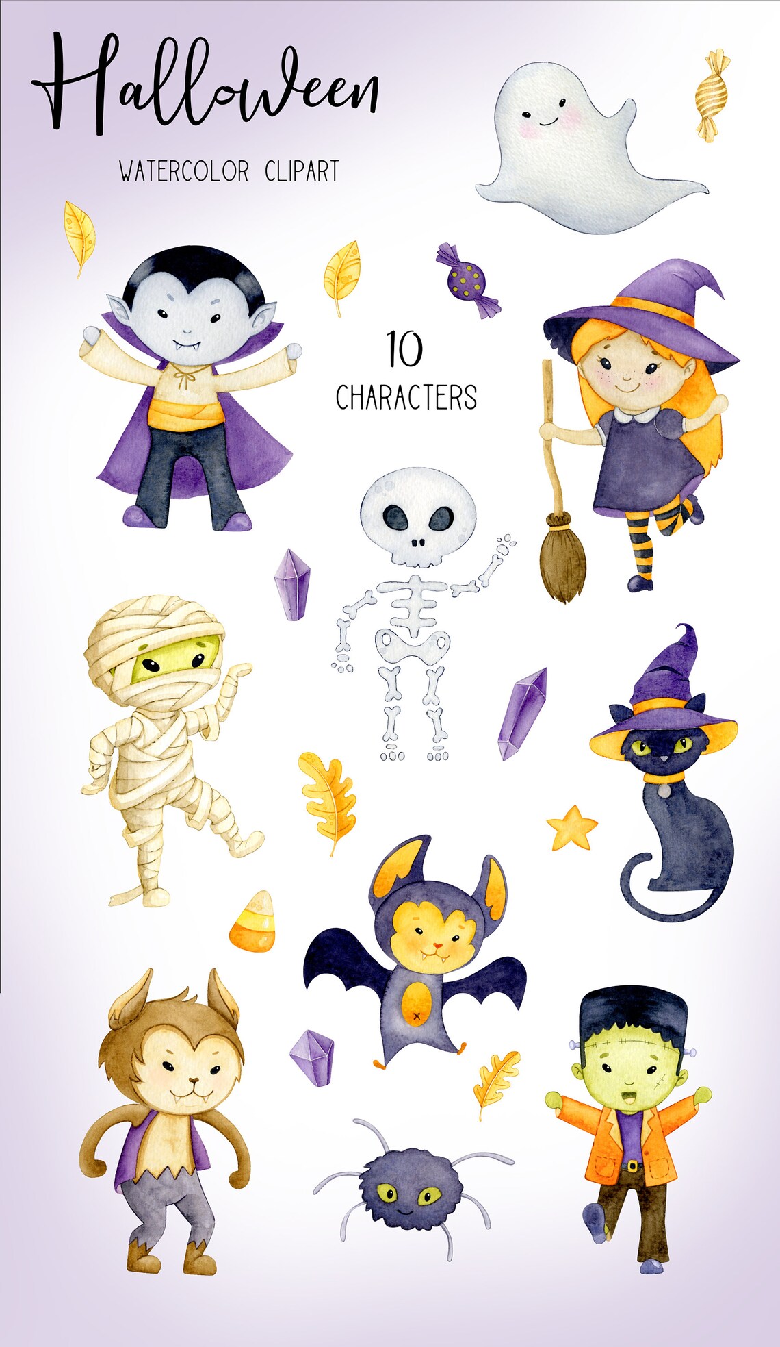 Watercolor Halloween Clipart Halloween Digital Printables | Etsy