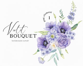 Watercolor Violet Floral Bouquet Wedding Clipart Delicate | Etsy UK