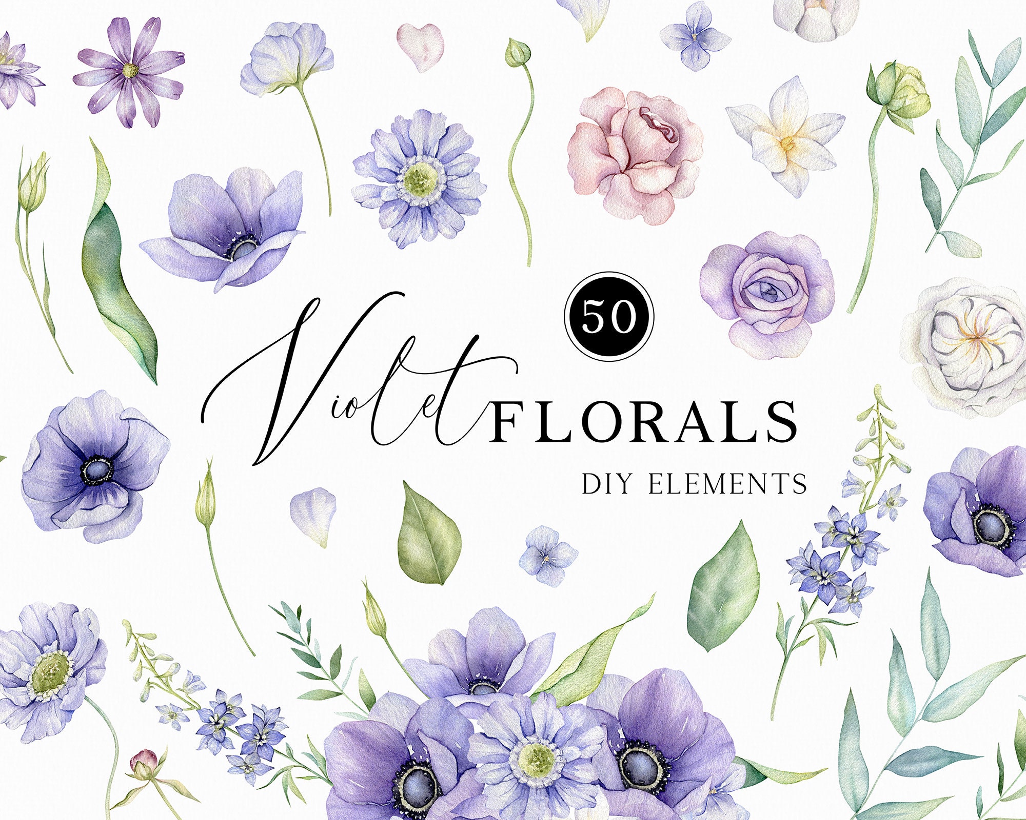 Watercolor Purple Flowers Clipart DIY Elements Violet - Etsy