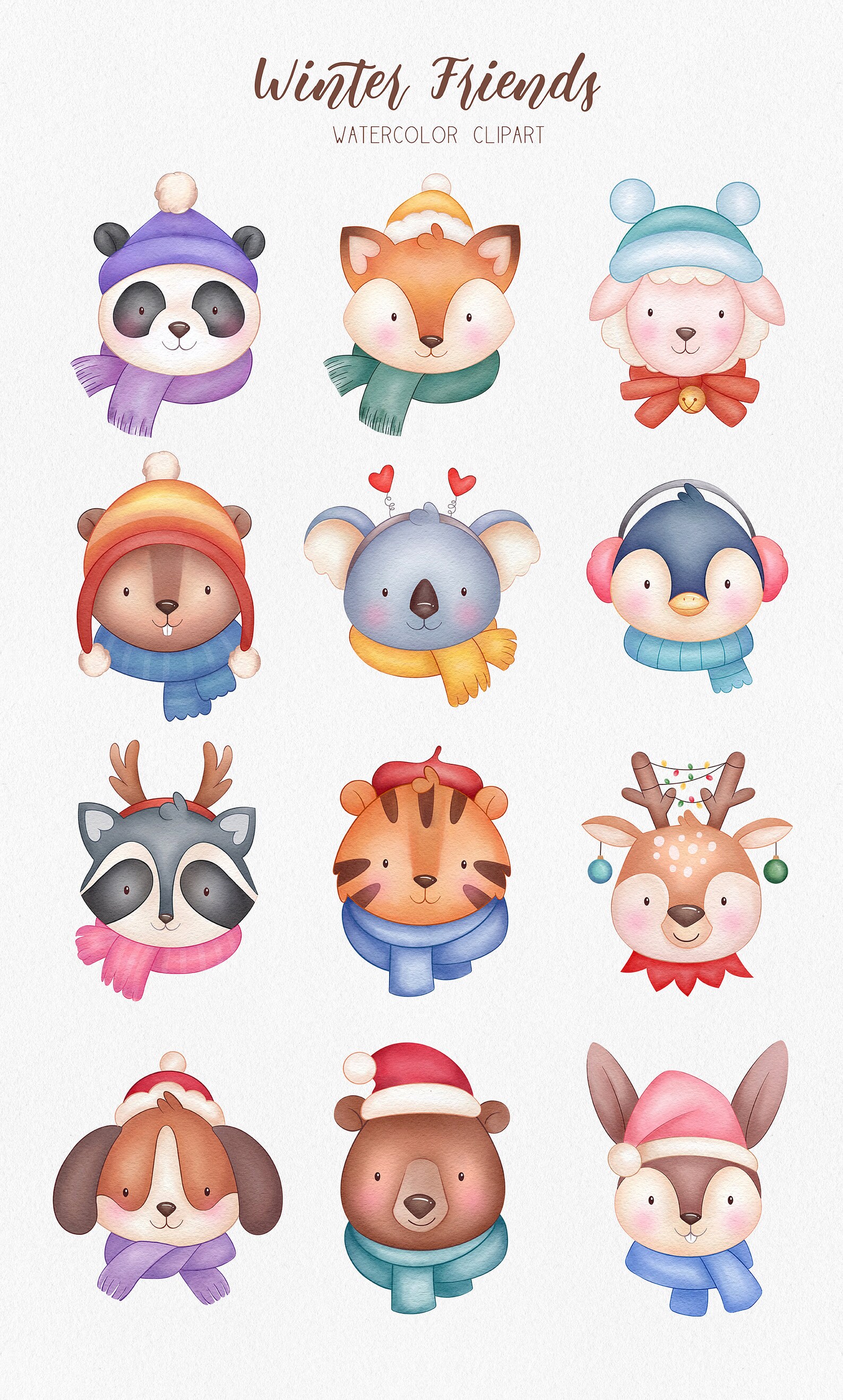 Cute Christmas Animals Clipart Watercolor Winter Clipart - Etsy