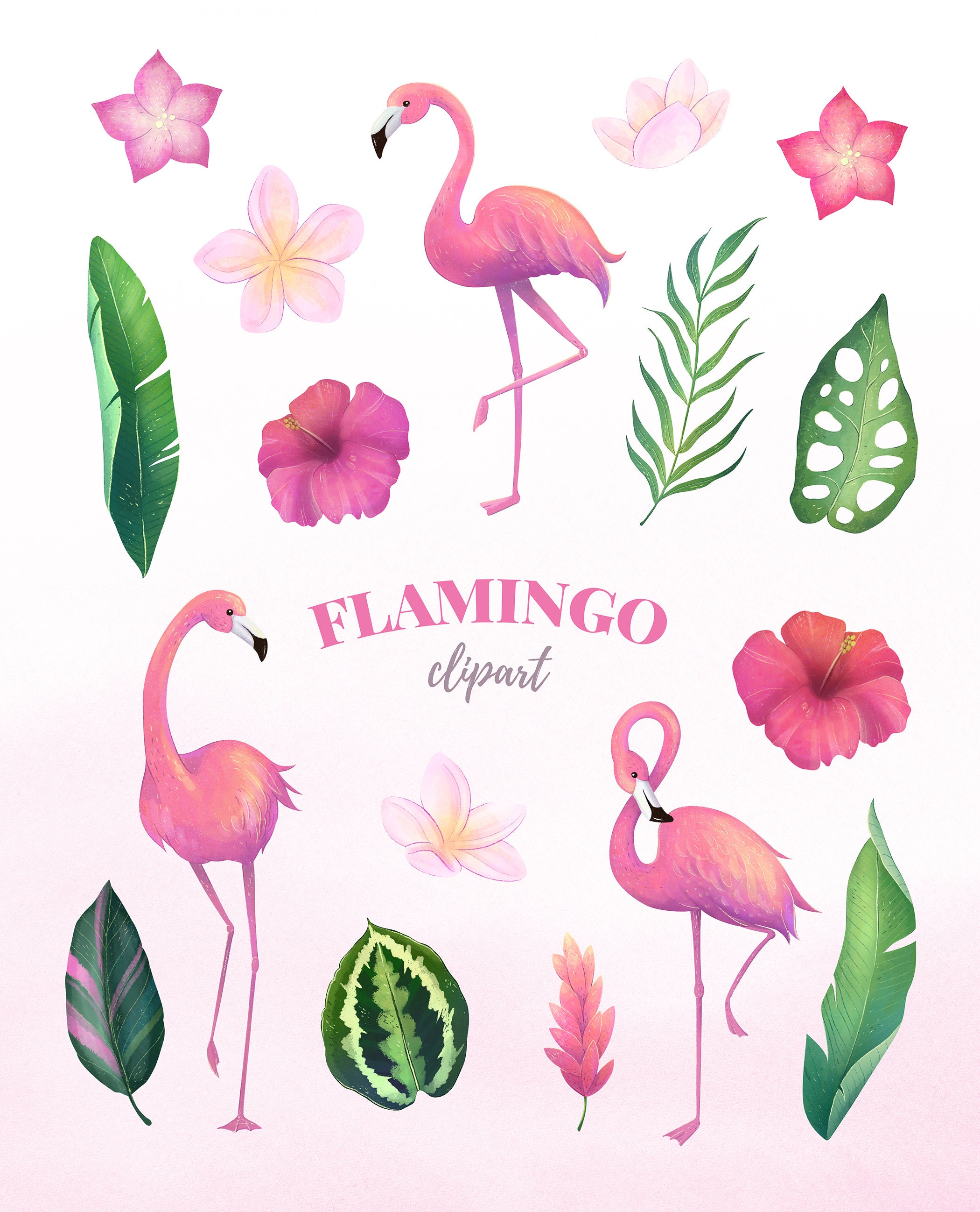 Flamingo Clipart Tropical Clipart Tropical Leaves Tropical - Etsy