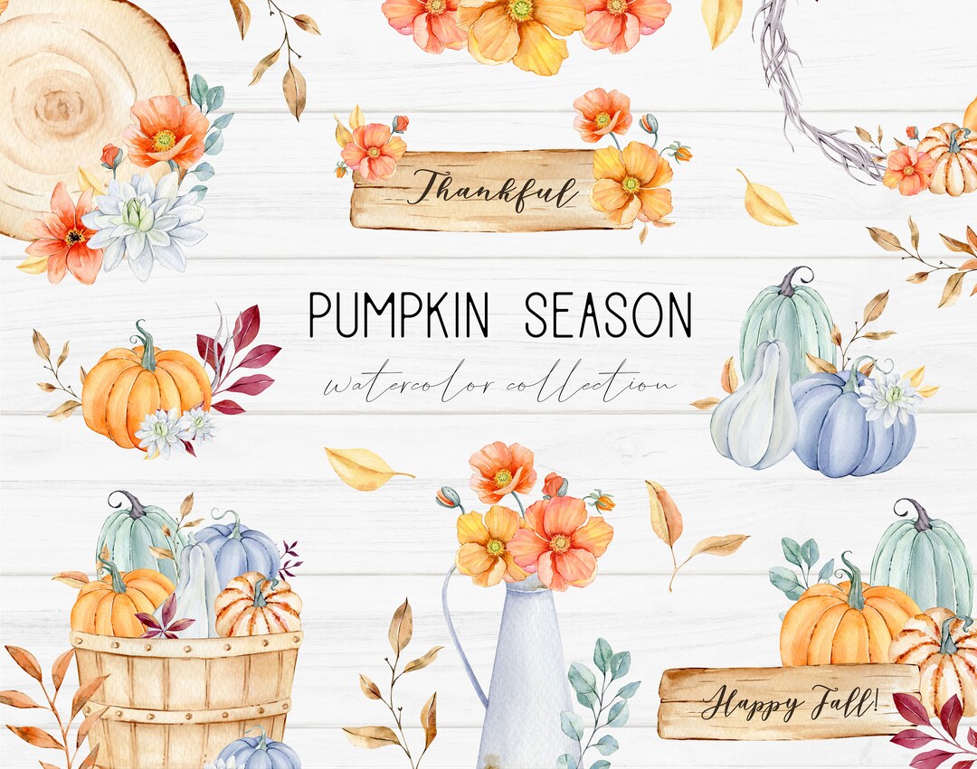Autumn Watercolor Clipart, Fall Clipart Planner, Floral Pumpkin Clipart ...