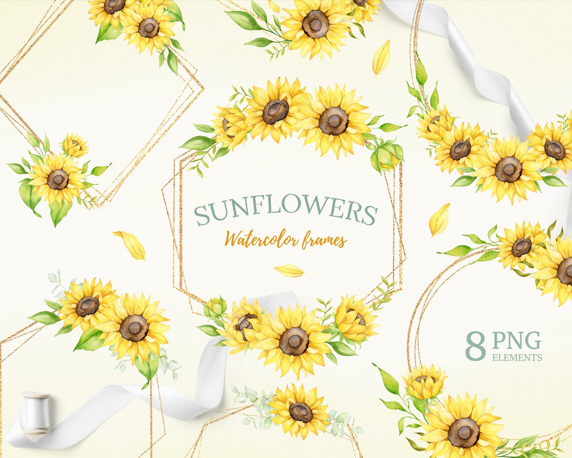 Sunflower Wreath Clipart Gold Geometric Floral Frames Summer - Etsy