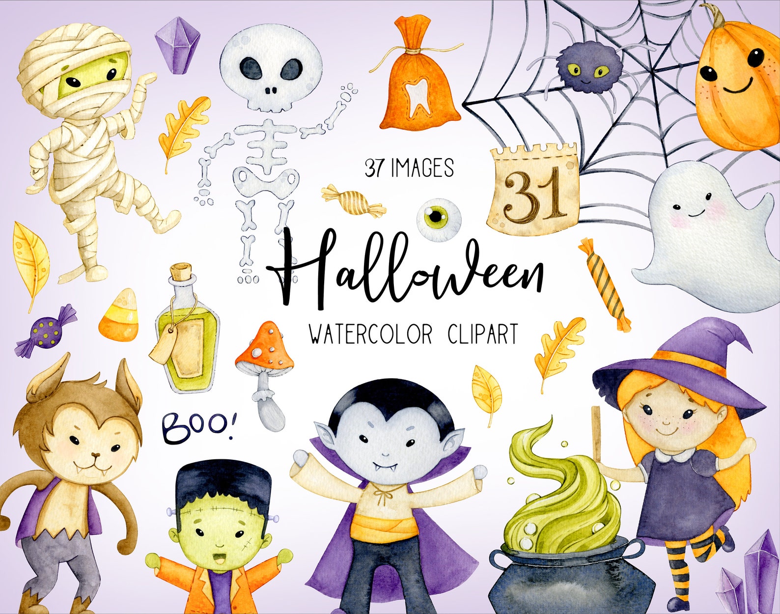 Watercolor Halloween Clipart Halloween Digital Printables | Etsy