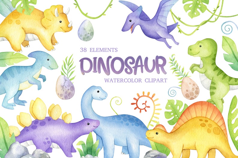 Watercolor Dinosaur Clipart Cute Dino Nursery Wall Art - Etsy