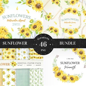 Watercolor Sunflower Clipart BUNDLE, Summer Floral Clipart, Digital ...