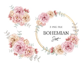 Watercolor Boho Floral Wreath Clipart Dusty Pink Rose Frame | Etsy